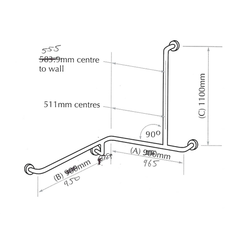 CUSTOM: 950mm x 965mm Horizontal Corner Shower Grabrail with 1100mm ...